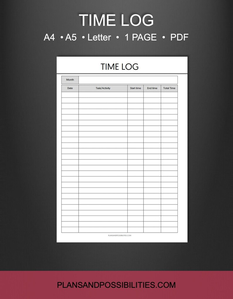 Time Log Printable Page, Time Tracker Record, Time Keeping Insert, Time ...