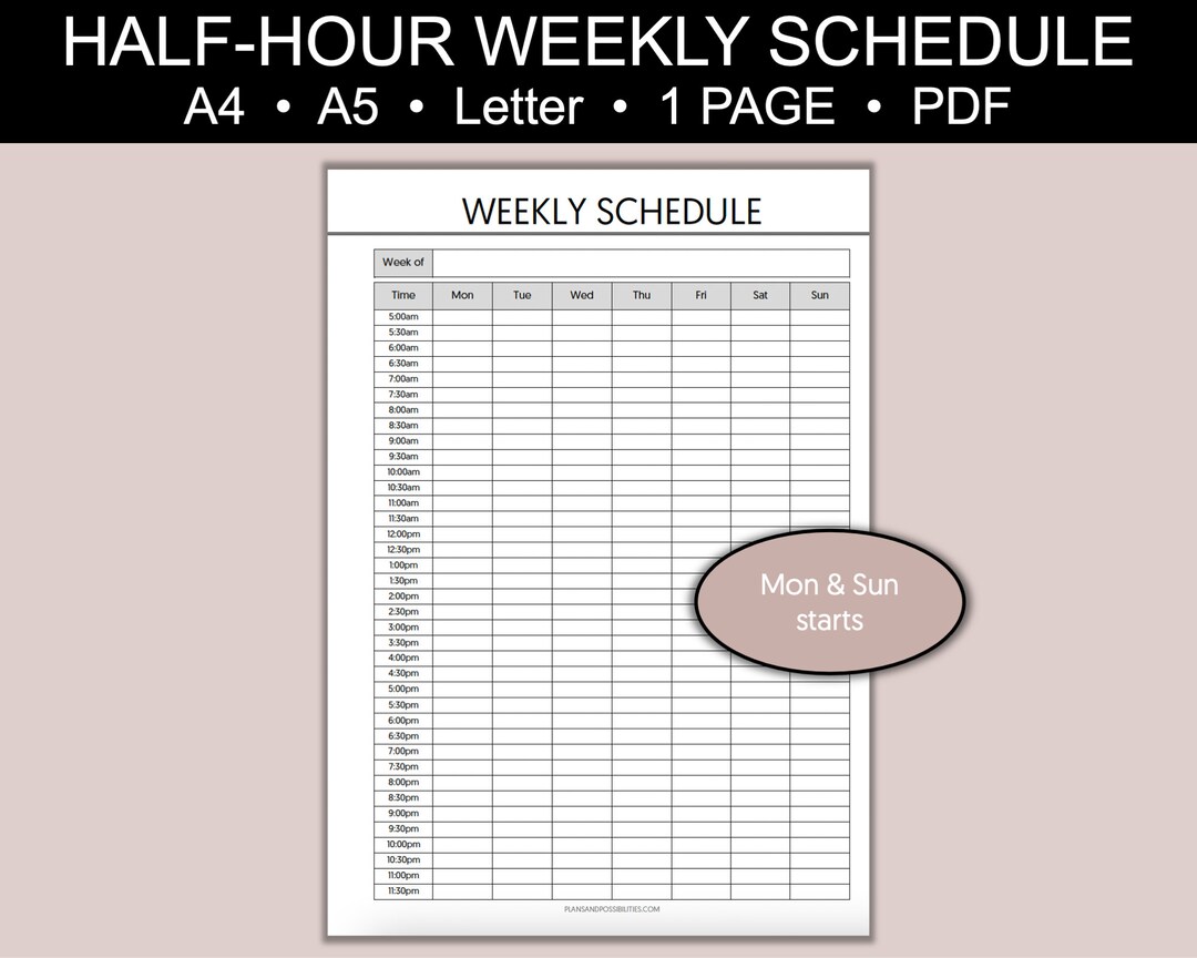 Half Hour Weekly Planner Printable, Weekly Checklist, Weekly to Do List ...