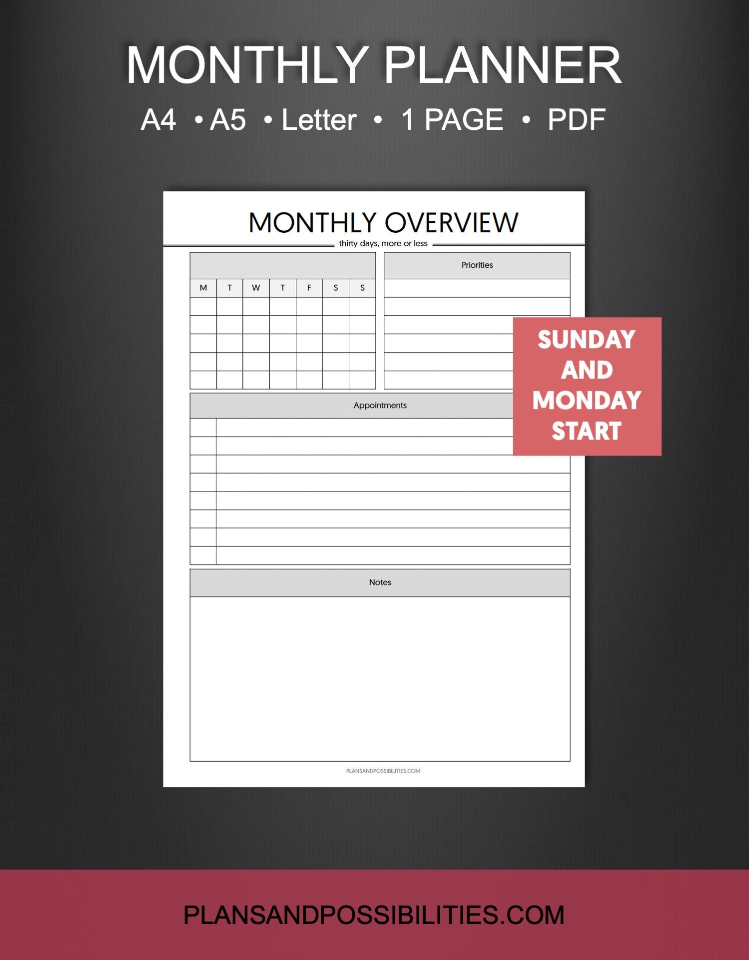 Undated Monthly Planner Printable, Vertical Planner, Minimalist Planner ...