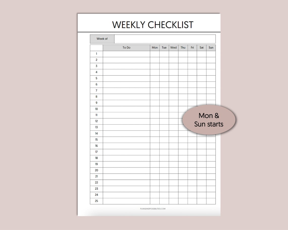 Weekly Checklist Template, Weekly to Do List Template, Routine ...
