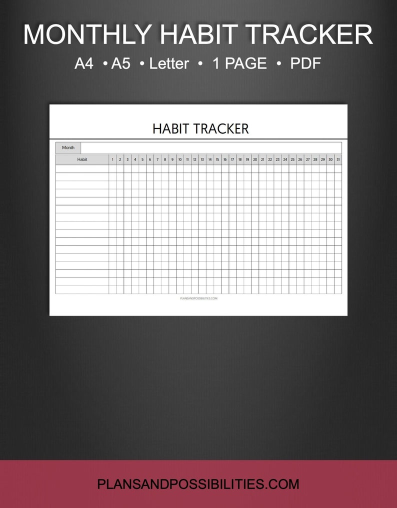 Monthly Habit Tracker Printable PDF, Daily Habit Tracker Template Page ...
