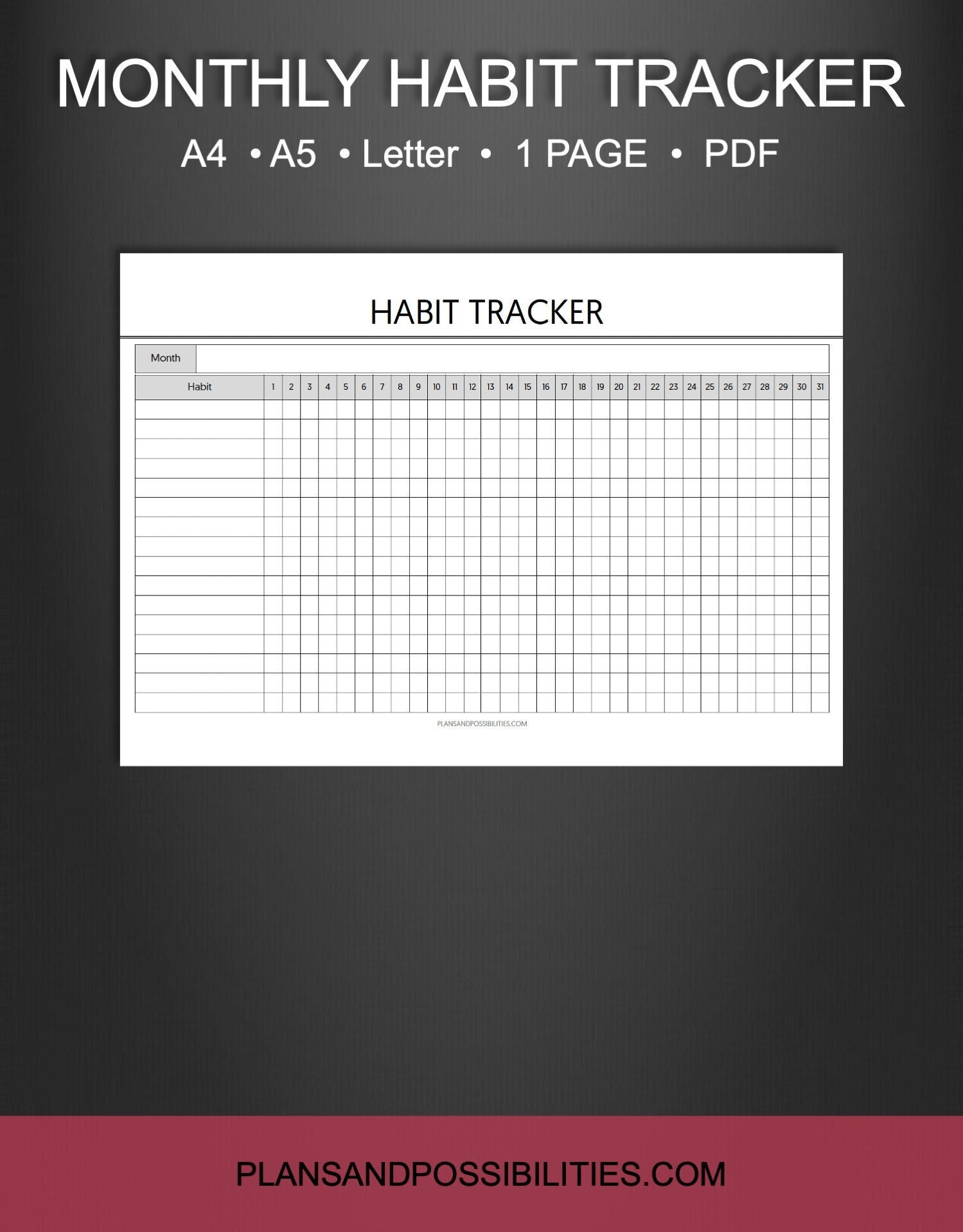 Monthly Habit Tracker Printable PDF, Daily Habit Tracker Template Page ...