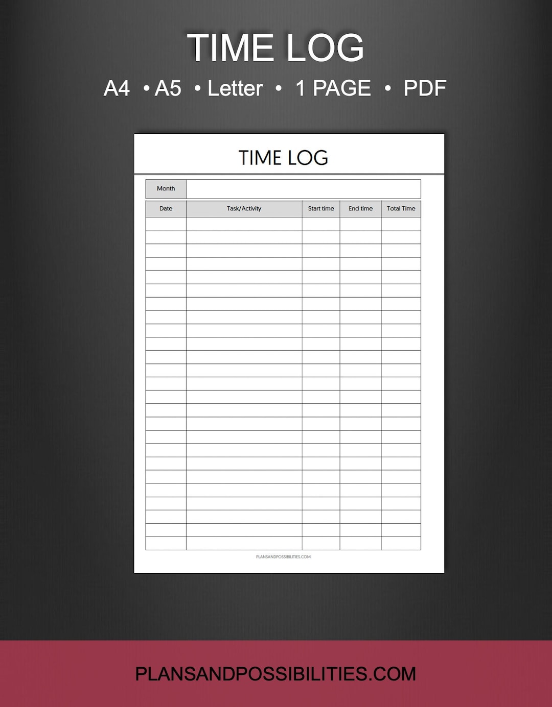 Time Log Printable, Printable Time Sheet, Project Time Log, Task Time ...