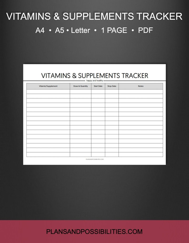 Vitamin Tracker Printable, Vitamin Planner, Health Tracker, Supplement ...
