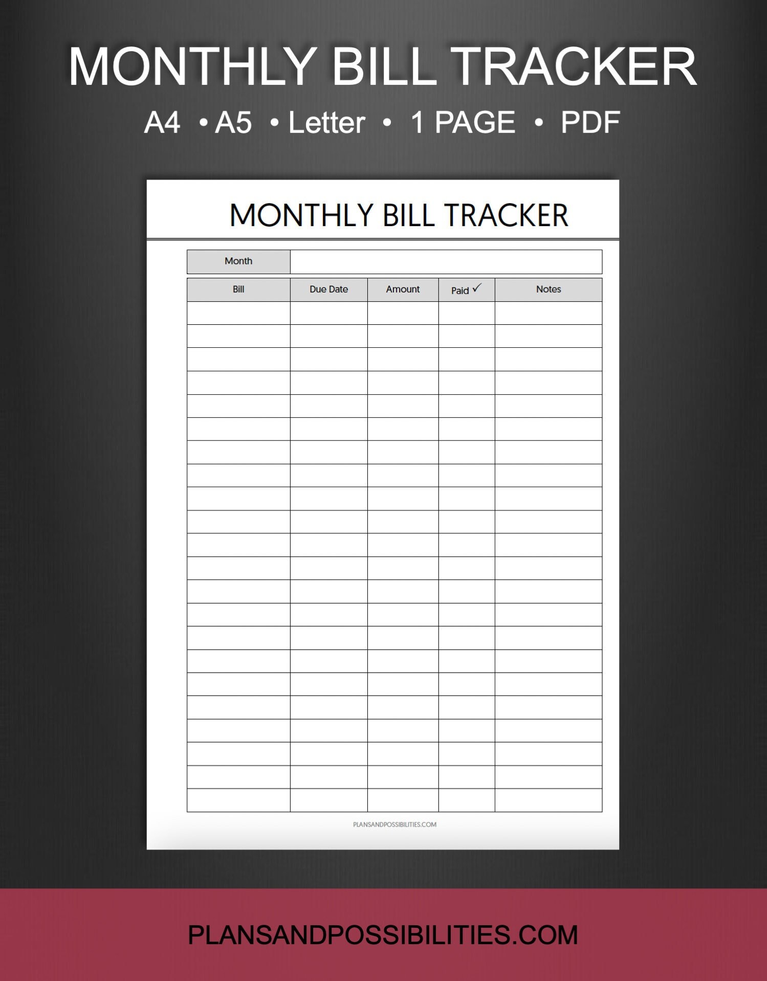 Vertical Monthly Bill Tracker Printable, Bill Payment Tracker, Bill Pay ...