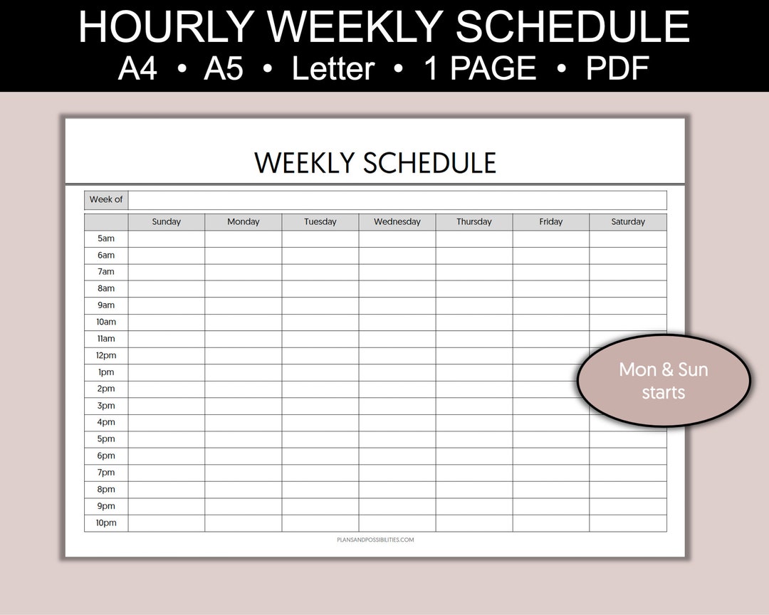Hourly Weekly Schedule, Hourly Weekly Planner Printable, Horizontal ...