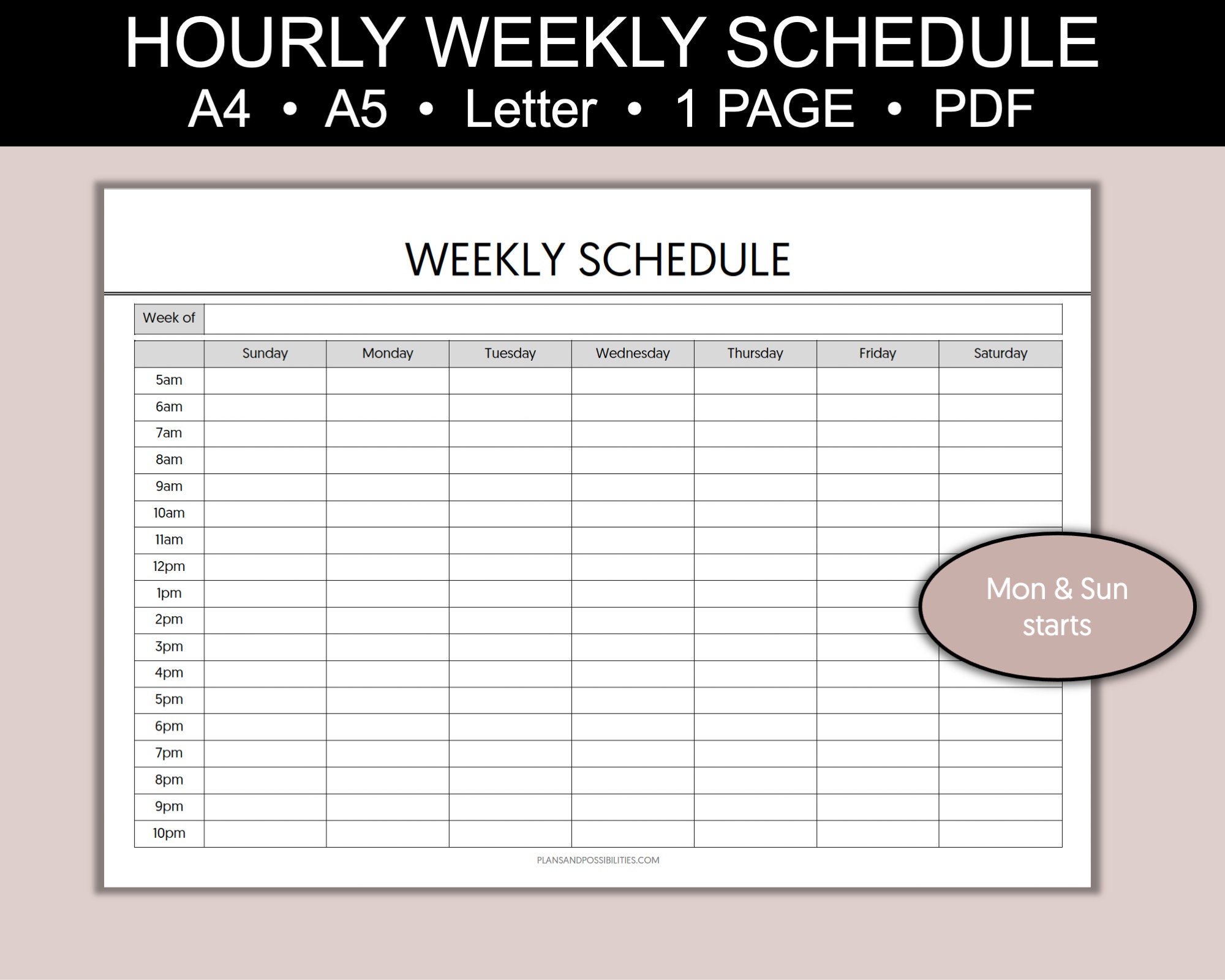 Hourly Weekly Schedule, Hourly Weekly Planner Printable, Horizontal ...
