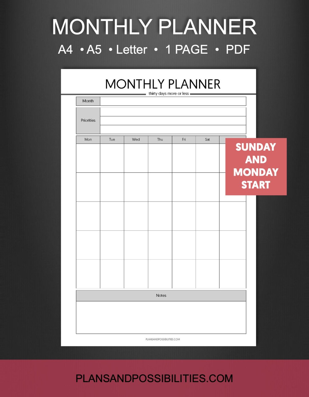 Monthly Planner Printable, Monthly Goal Planner Printable, Blank ...
