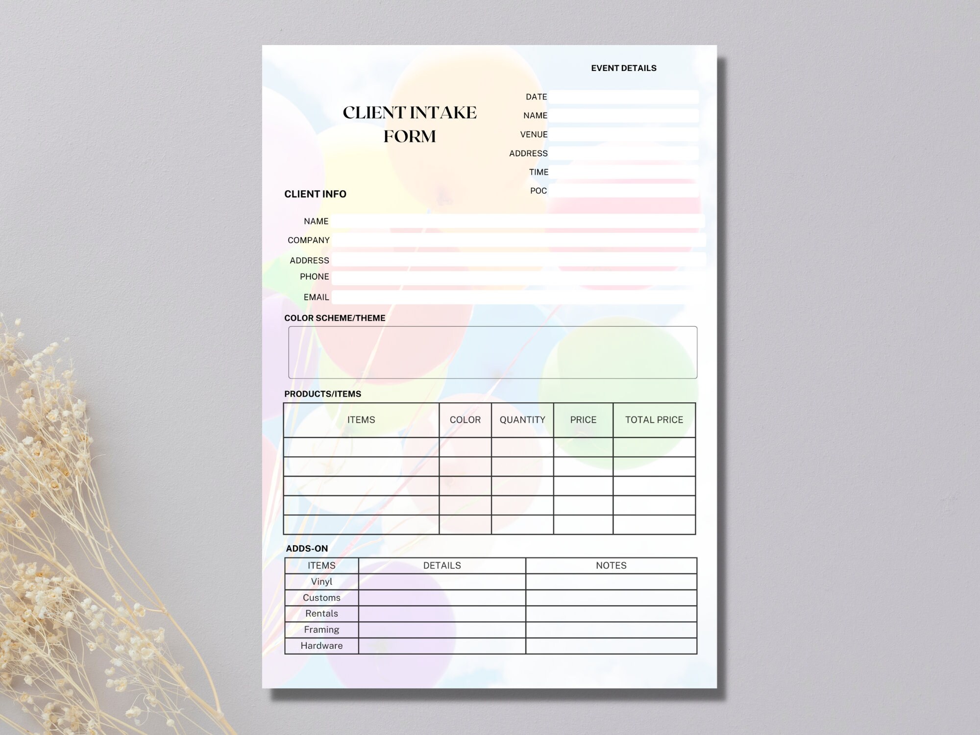 BALLOON CLIENT INTAKE Form Template, Balloon Invoice, Event Decor ...
