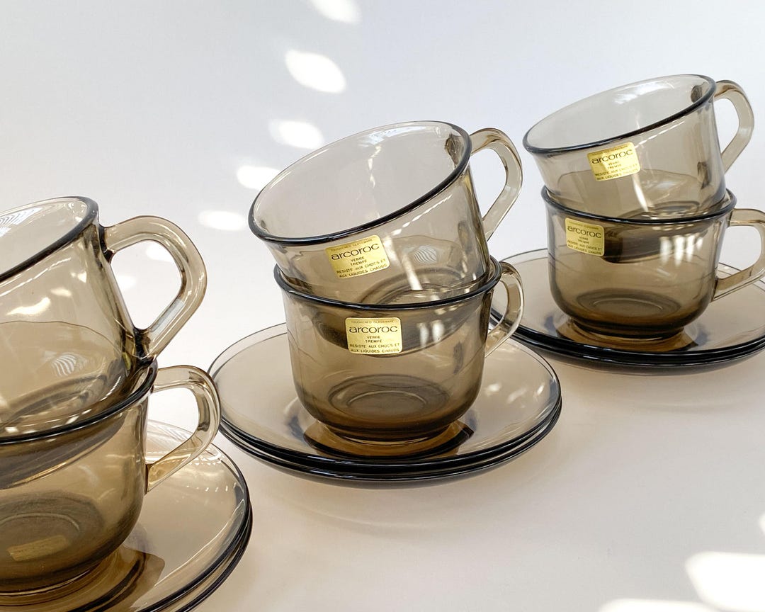 Vintage Arcoroc Smoked Glass Cup and Saucer Set: French 1970s Design ...