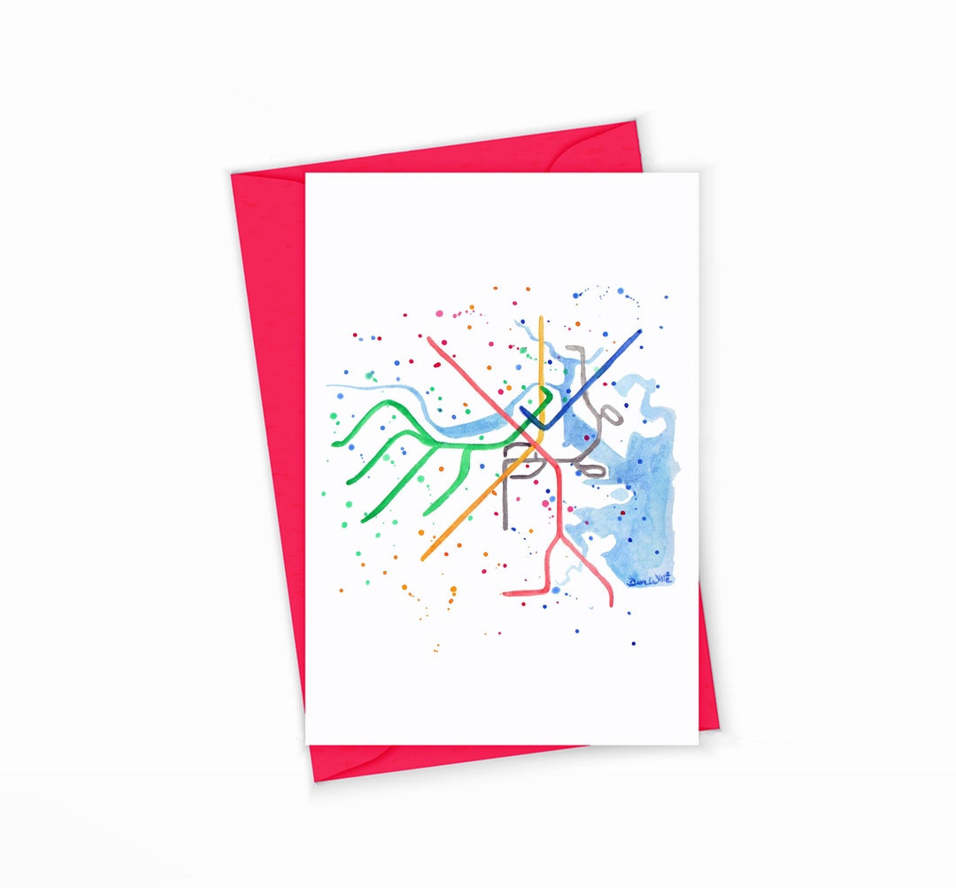 Greeting Card Boston T Rail MBTA Map Watercolor Art - Etsy