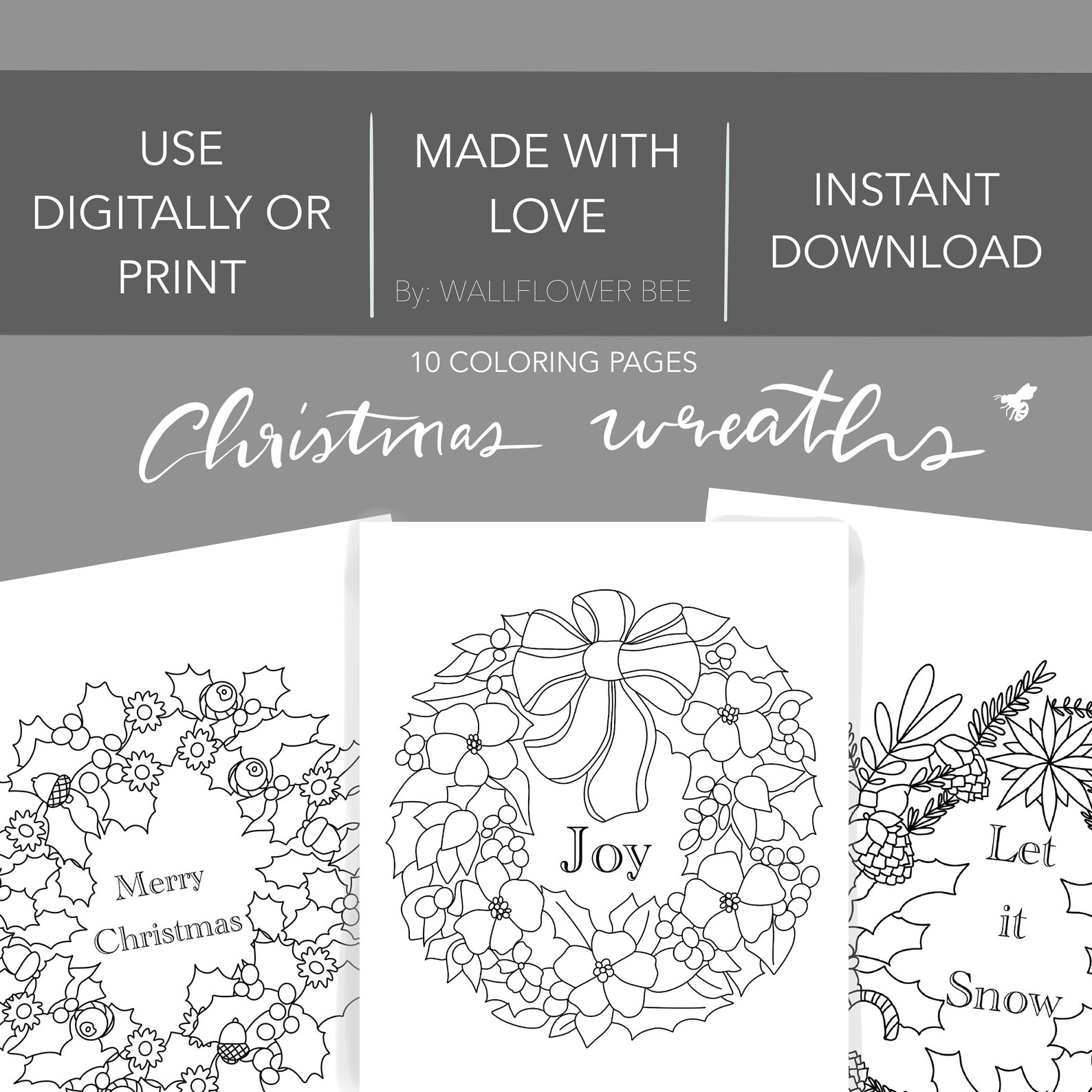 10 Coloring Pages | Christmas Wreath Coloring Pages | Digital Adult ...
