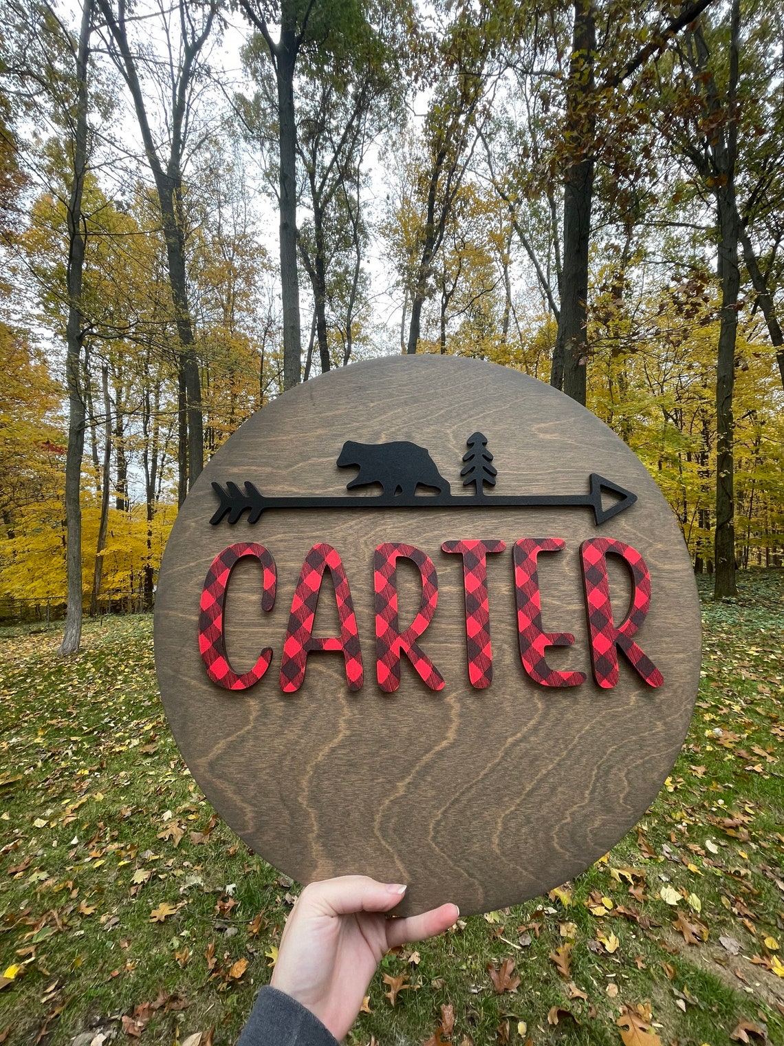 Round Custom Nursery Wood Name Sign Woodland Plaid Buffalo - Etsy