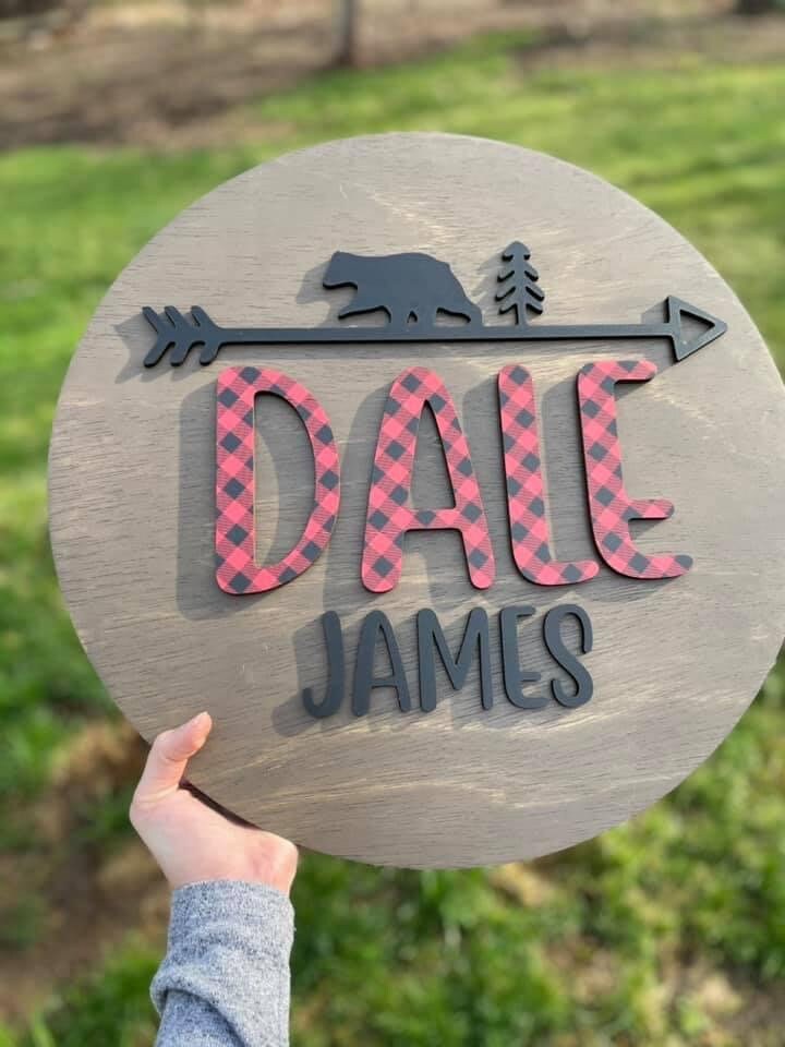 Round Custom Nursery Wood Name Sign Woodland Plaid Buffalo - Etsy