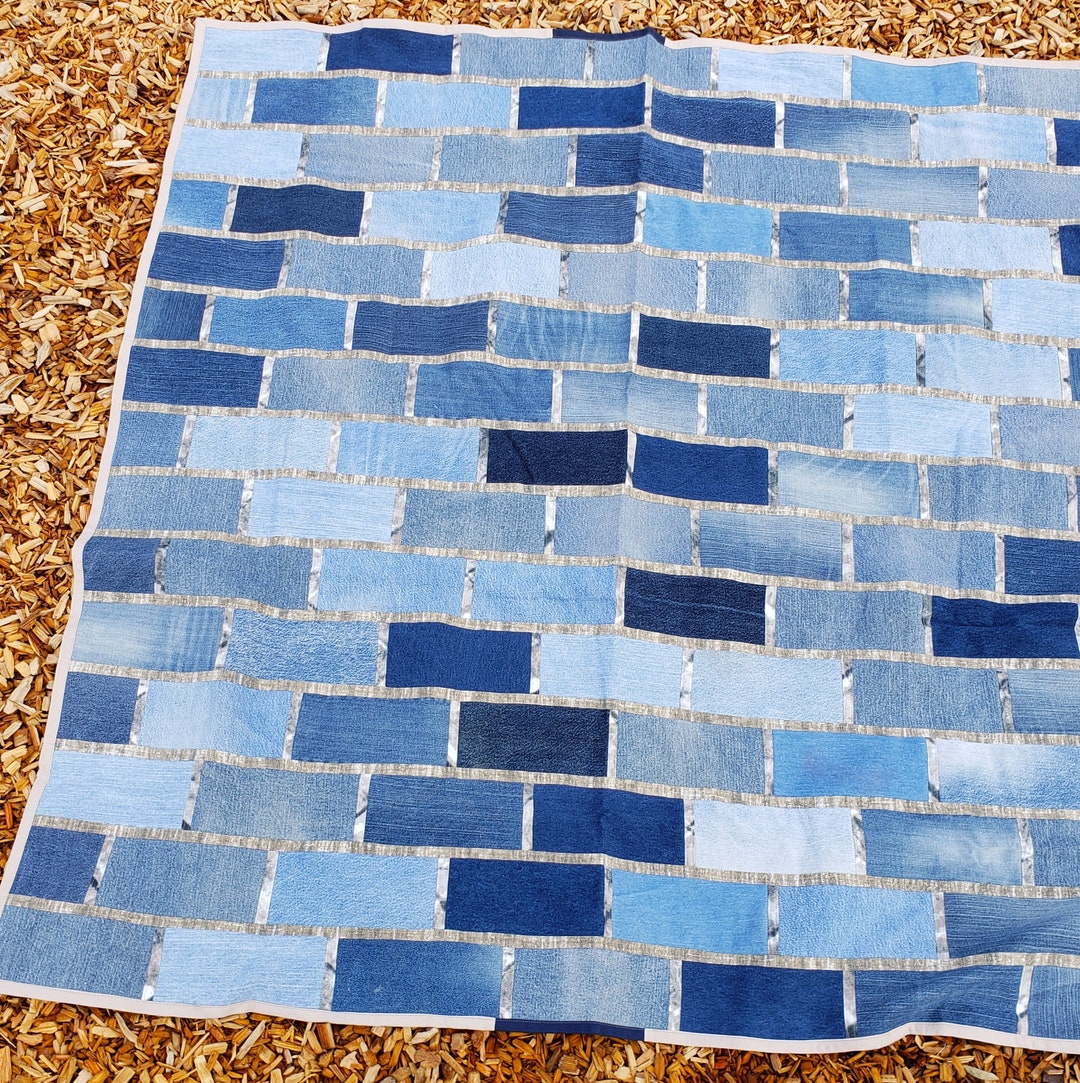 Quilt - Upcycled Denim - Brick Wall, Grey and Blue Back - Etsy