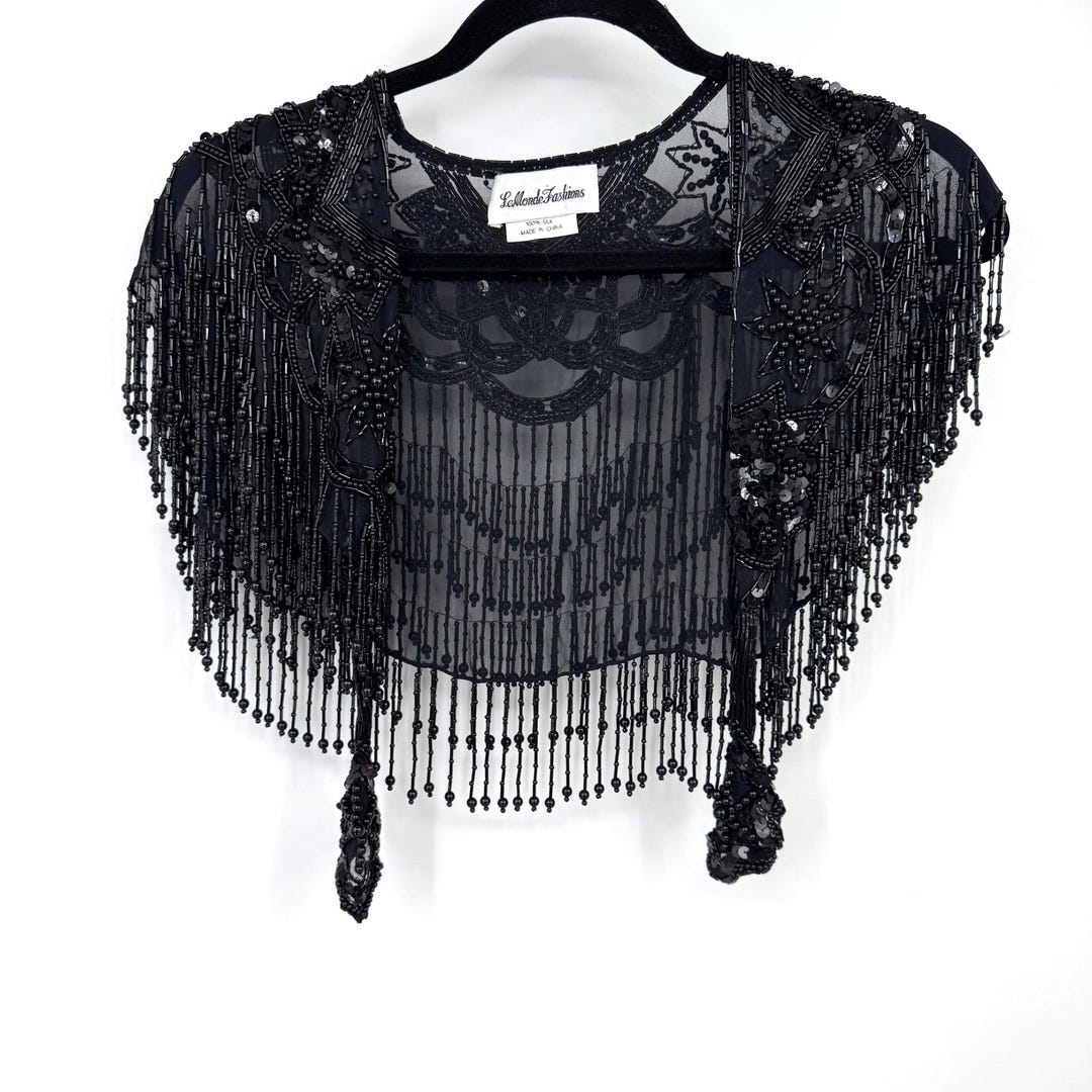 Vintage 20s Flapper Style Shawl Capelet Collar Beaded Sequin Black Boho ...
