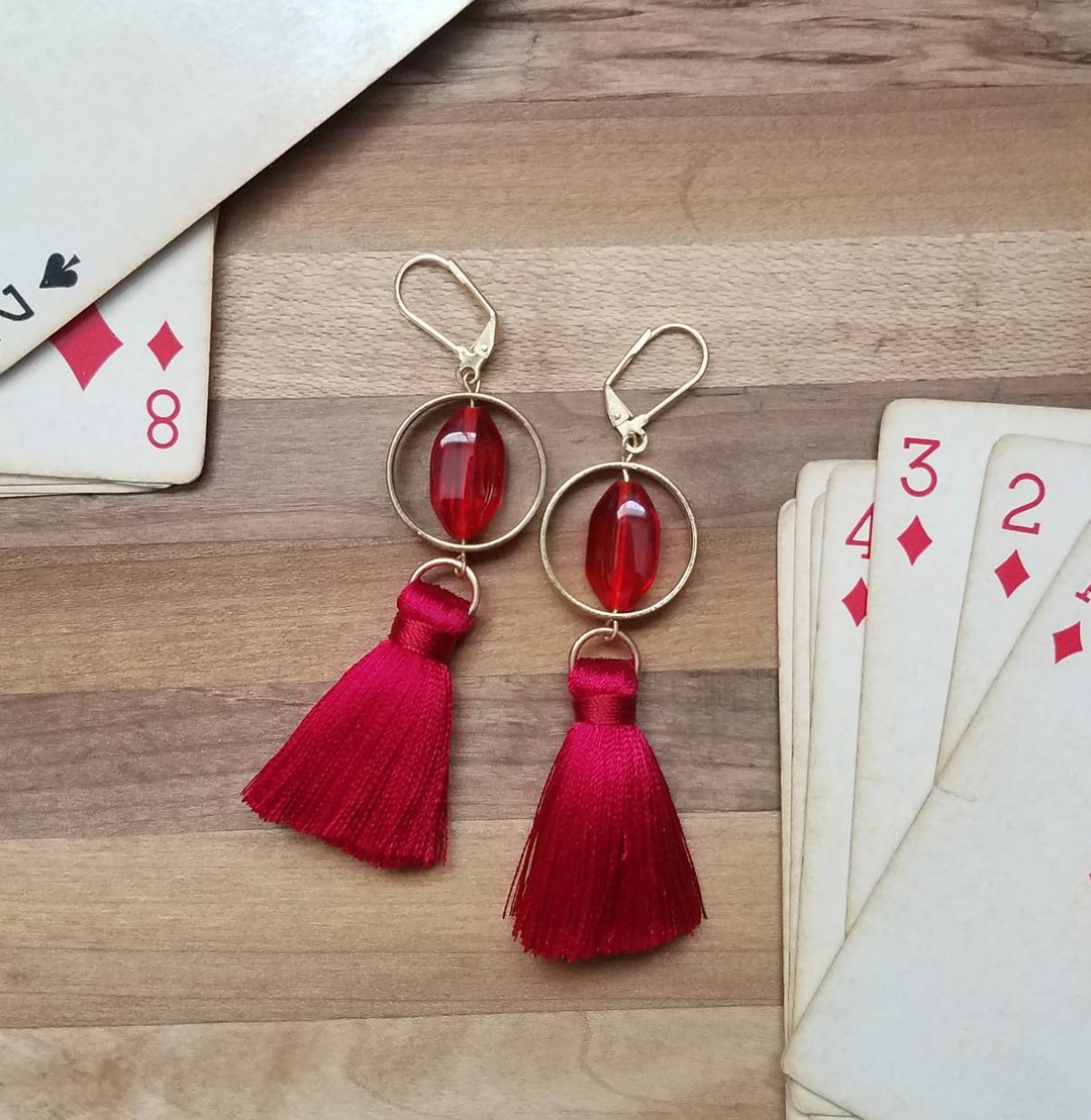 Red Glass and Tassle Earrings - Etsy