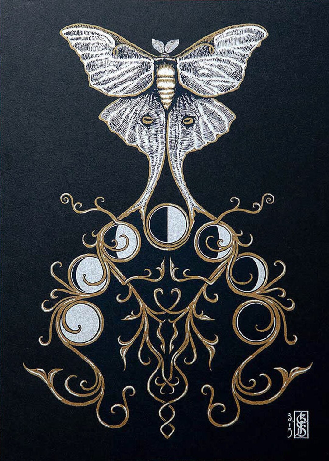 Luna Moth PRINT With Moon Phases, 11x14", Metallic Ink on Black Stock ...