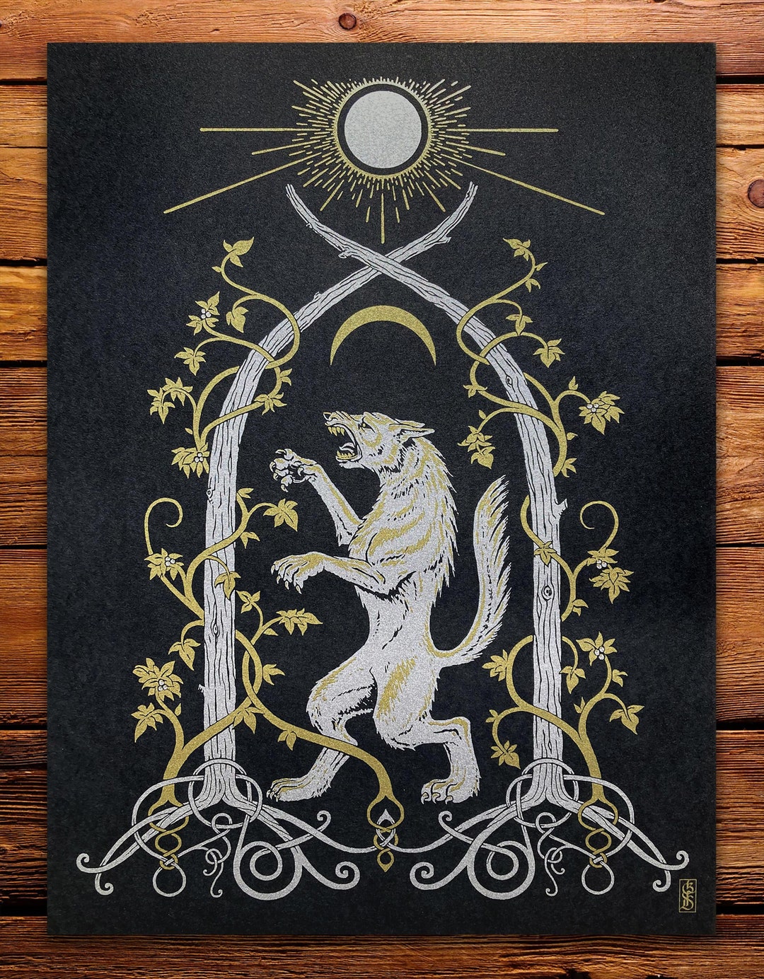 Heraldic Wolf Silver Art Poster Print, Werewolf Winter Solstice Sun ...