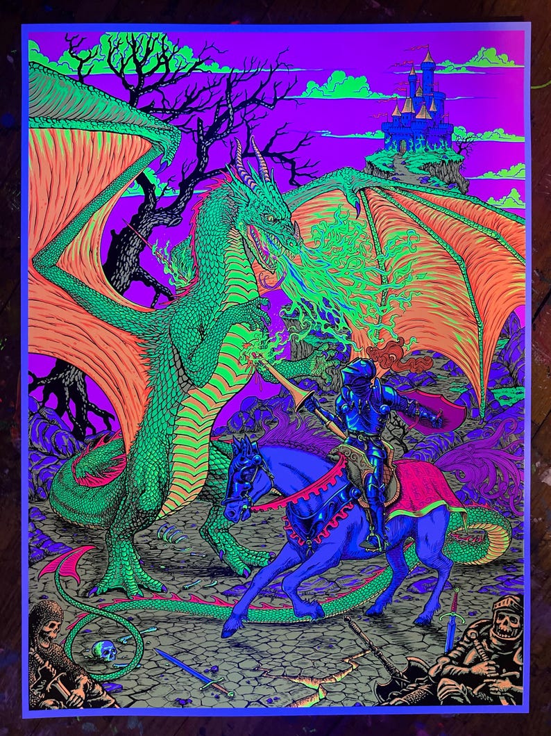 Dragon Slayer Screen Printed 18x24" Blacklight Poster, Psychedelic Uv ...