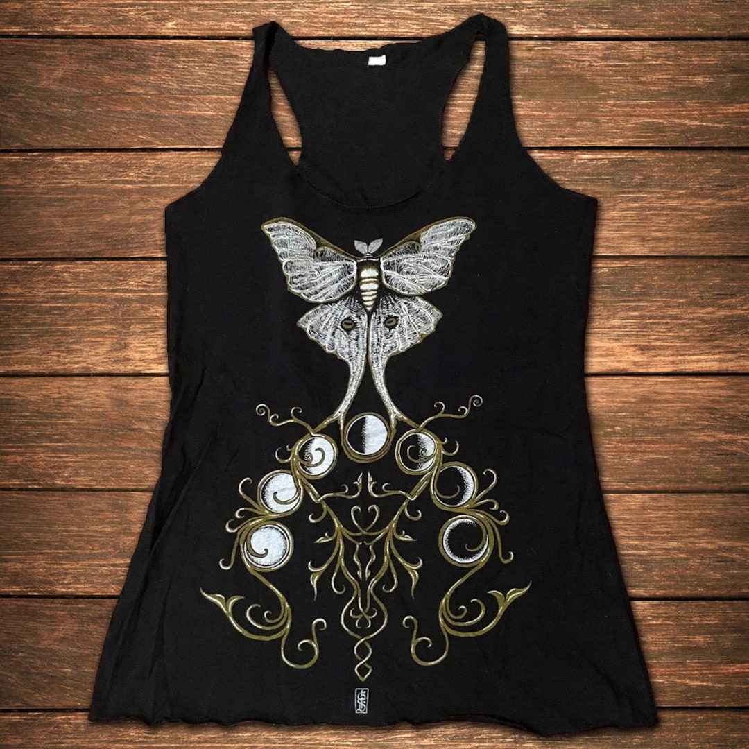 Tanque Luna Moth MUJER, fases lunares entrelazadas en oro, ciclo lunar ...
