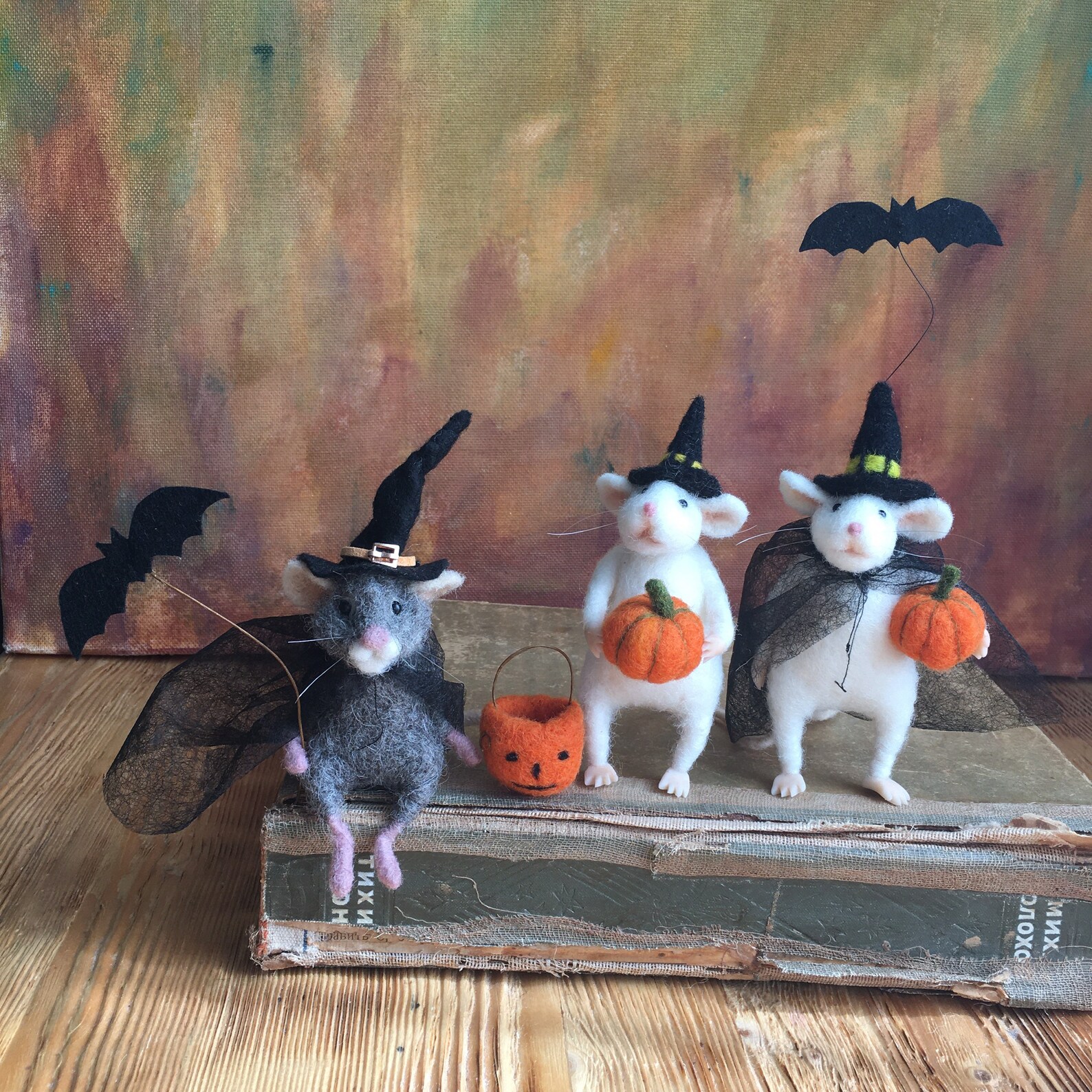 Felted Halloween Rat With Black Halloween Hat Holding a | Etsy