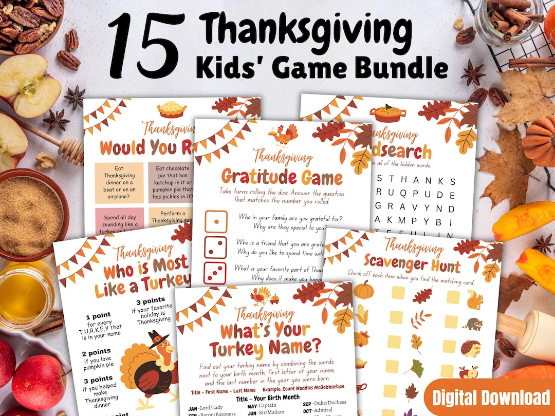 Printable Kids' Thanksgiving Game Bundle, 15 Holiday Group Activities ...