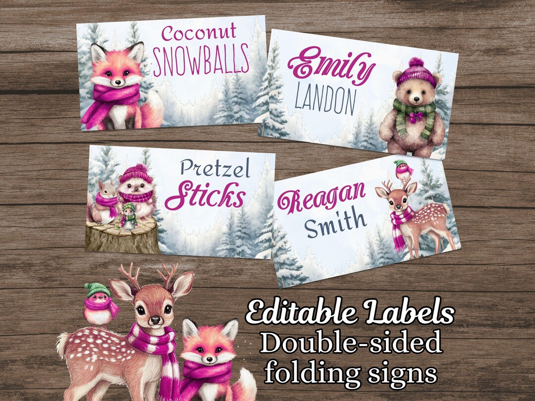 Editable Winter Woodland Girl Labels, Forest Animals Food Signs, Woods ...