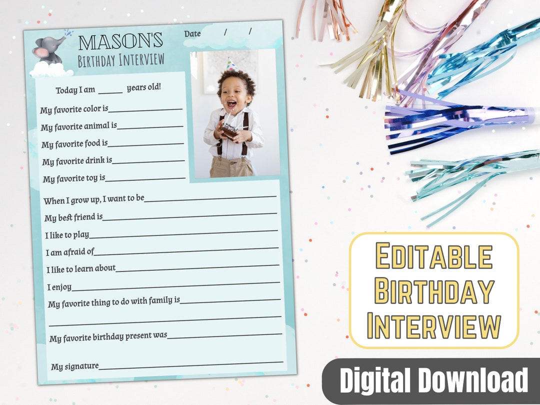 Editable Elephant Birthday Interview, Child Yearly Questionnaire ...