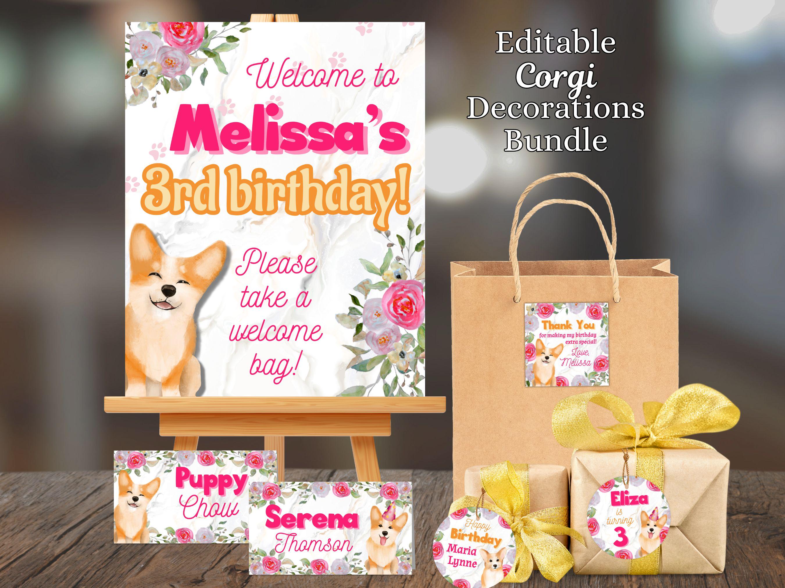 Editable Corgi Decorations Bundle, Girl Dog Birthday Party Tags, Pink ...