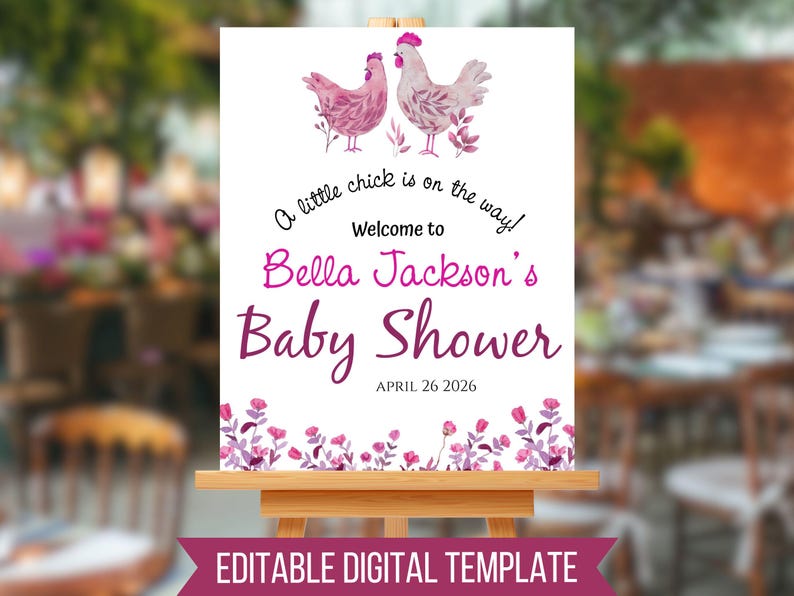Editable Pink Chicken Sign, Cute Farm Animal Birthday Party, Little ...
