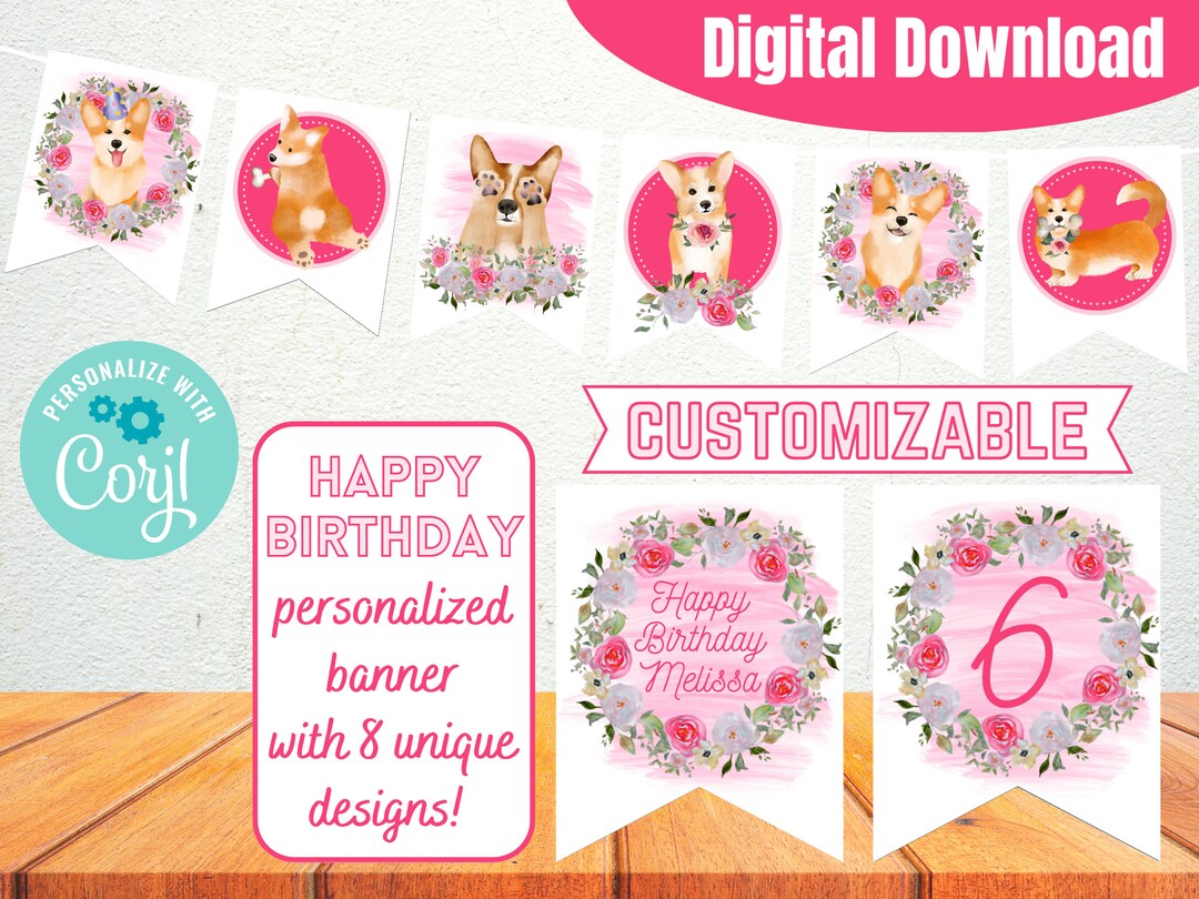 Editable Corgi Birthday Party Banner, Custom Name Puppy Bunting, Dog ...