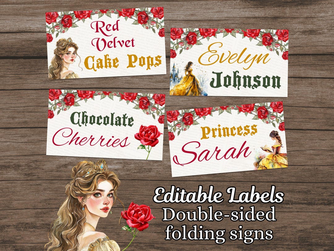 Editable Beauty and the Beast Labels, Princess Food Signs, Royal Party ...