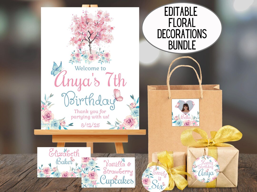 Editable Floral Decorations Bundle, Pastel Pink Flower Birthday Party ...
