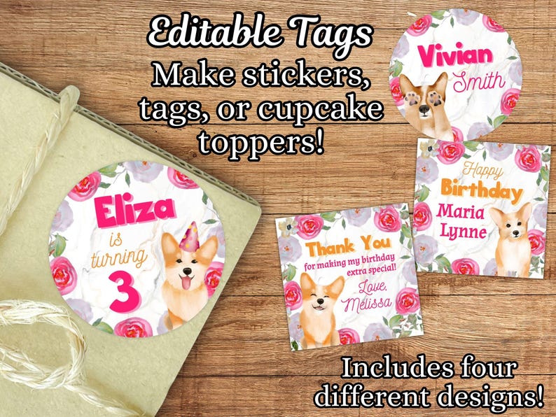 Editable Corgi Decorations Bundle, Girl Dog Birthday Party Tags, Pink ...