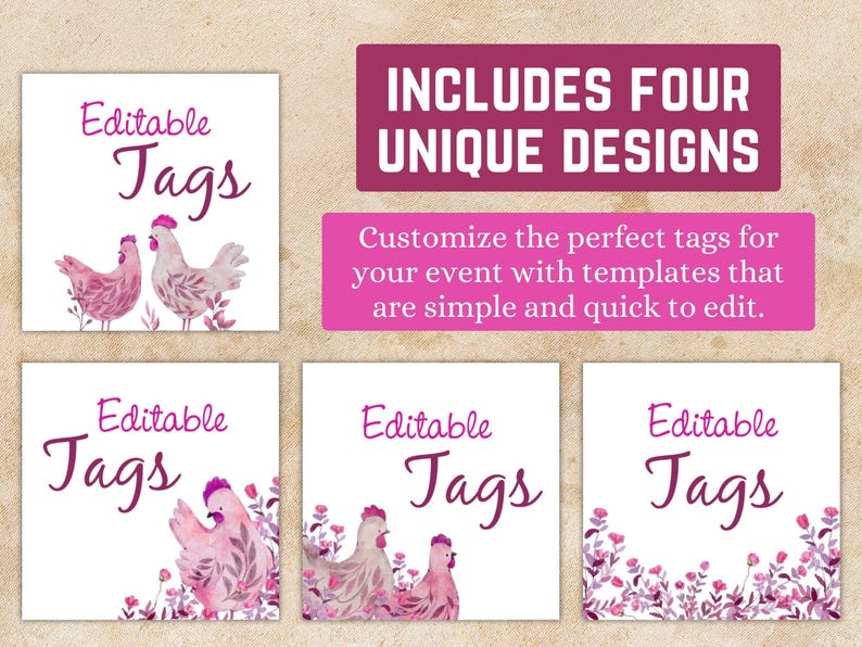 Editable Pink Chicken Tags, Cute Farm Animal Birthday Party Favors ...