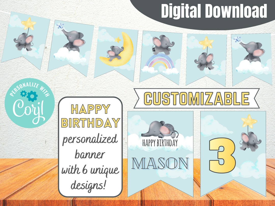 Editable Elephant Birthday Party Banner, Custom Name Boy Bunting ...