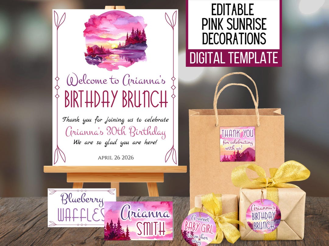 Editable Pink Sunrise Decoration Bundle, Women's Breakfast Birthday ...