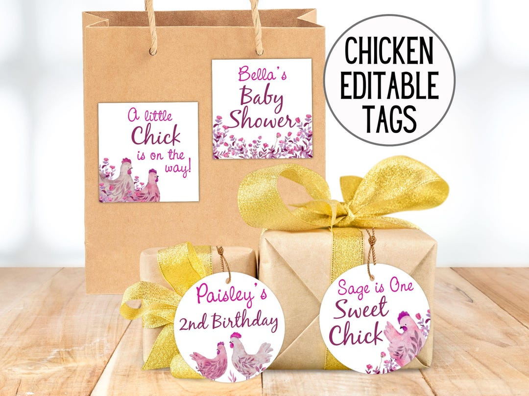 Editable Pink Chicken Tags, Cute Farm Animal Birthday Party Favors ...