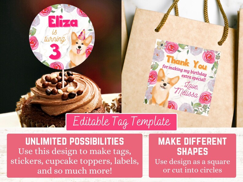 Editable Corgi Decorations Bundle, Girl Dog Birthday Party Tags, Pink ...