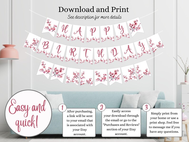 Cherry Blossom Happy Birthday Banner, Pastel Pink Flower Party, Spring ...