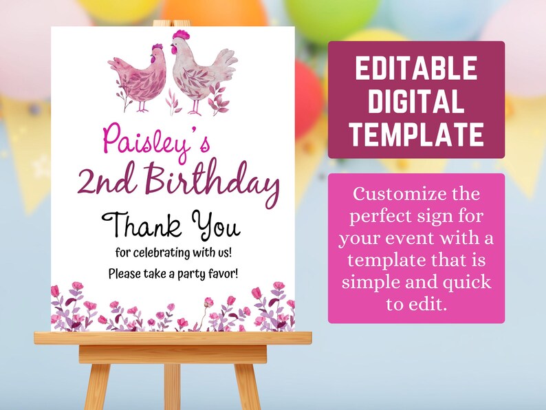 Editable Pink Chicken Sign, Cute Farm Animal Birthday Party, Little ...