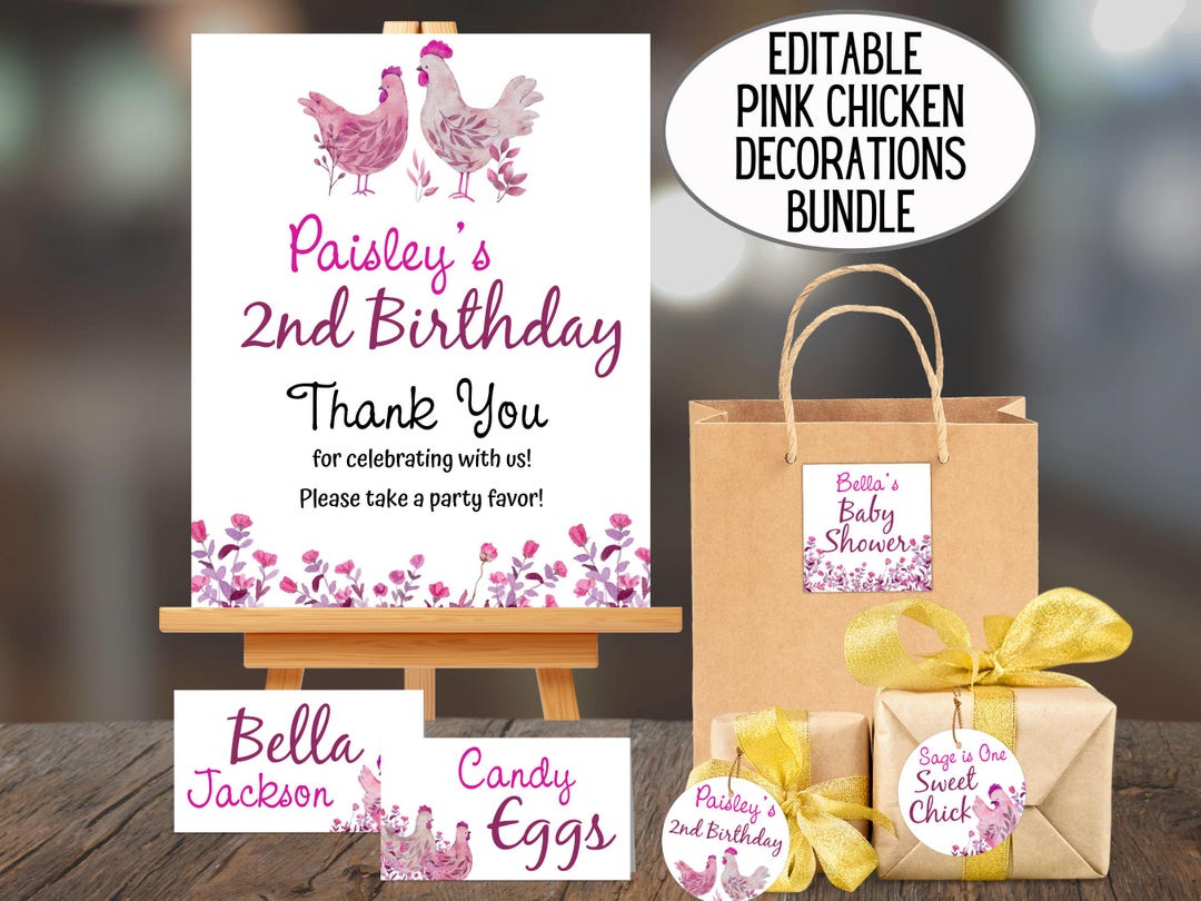 Editable Pink Chicken Decorations Bundle, Cute Farm Animal Birthday ...