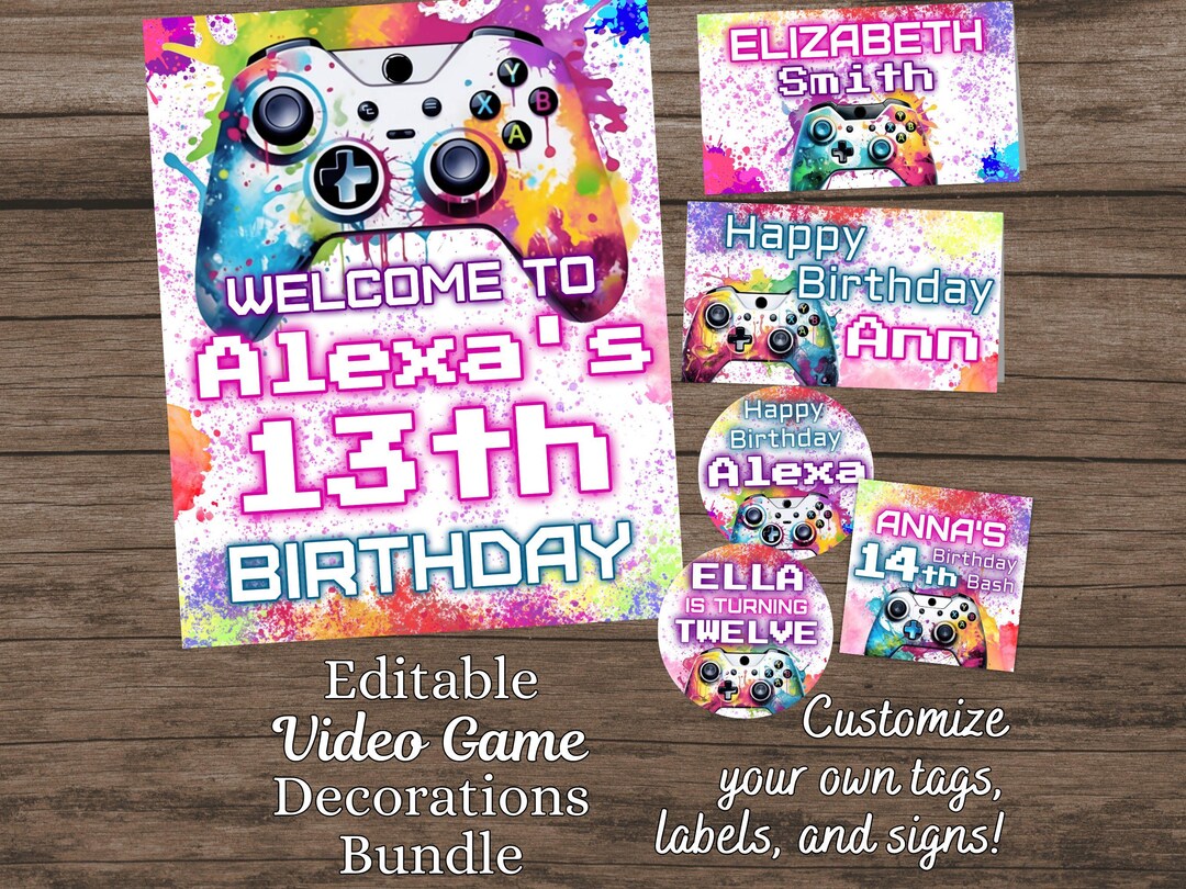 Editable Video Game Decorations Bundle, Girl Box Controller Birthday ...