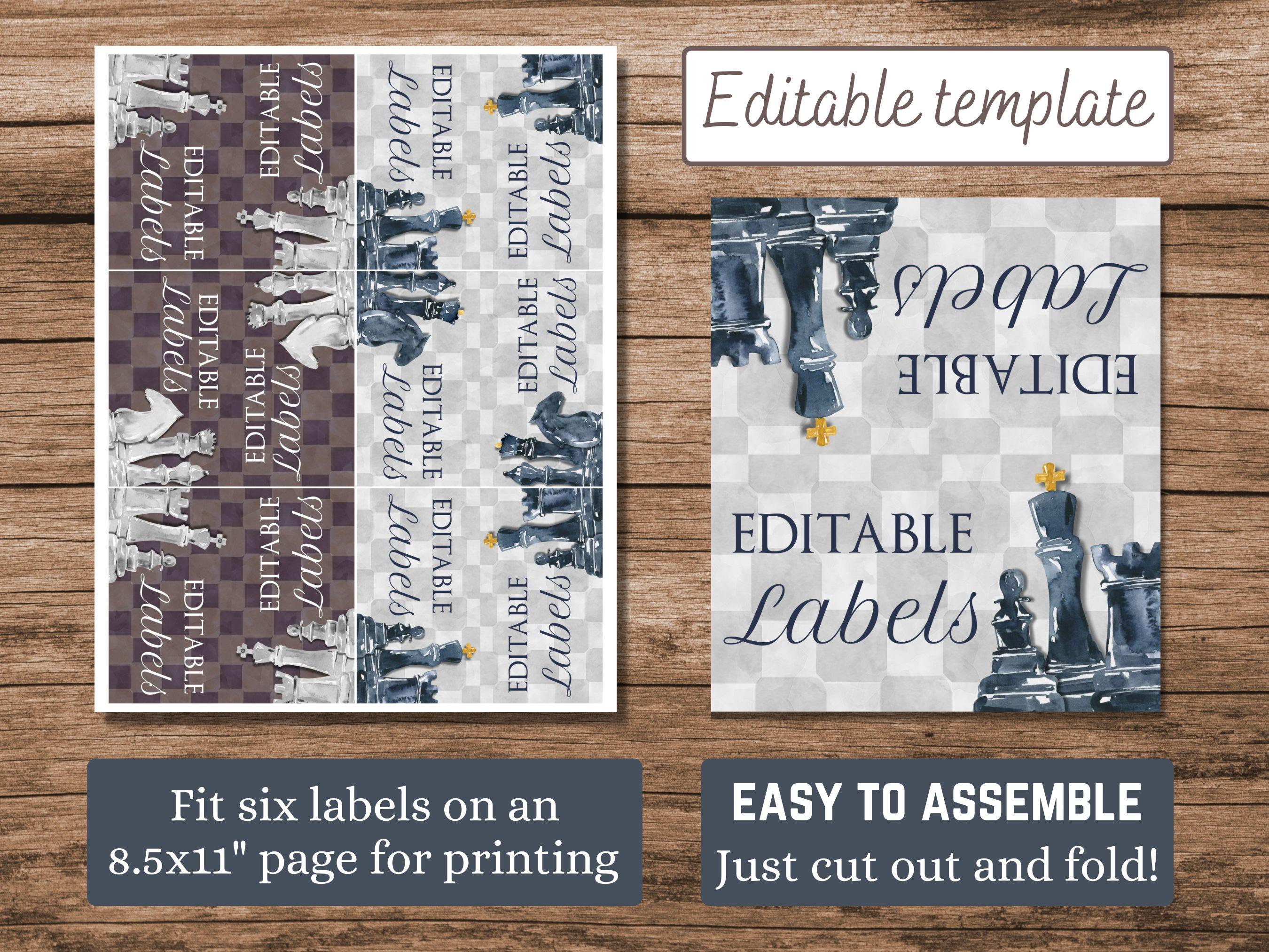 Editable Chess Piece Labels, Tournament Food Signs, Board Game Birthday ...