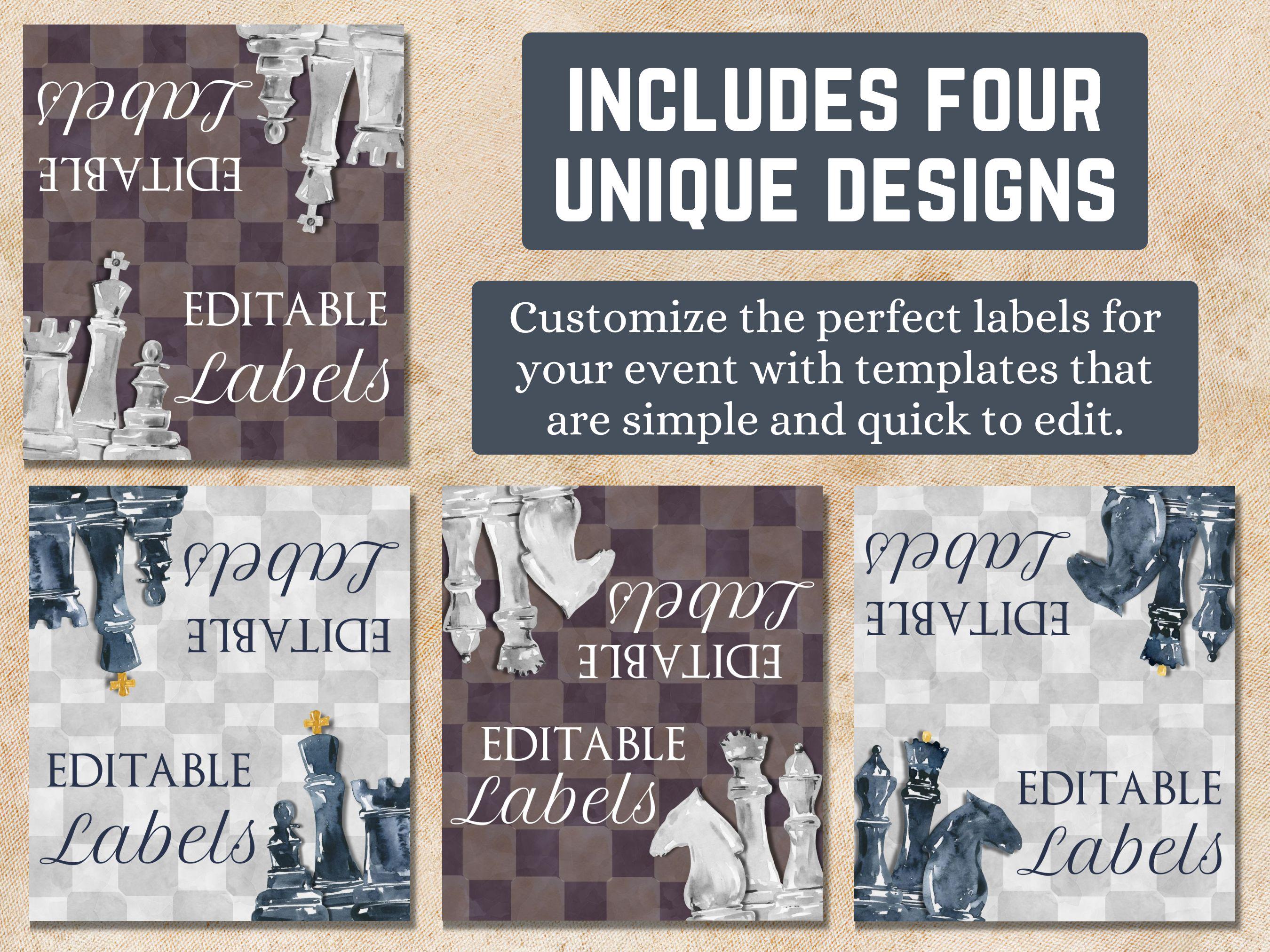 Editable Chess Piece Labels, Tournament Food Signs, Board Game Birthday ...