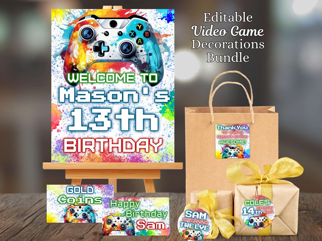 Editable Video Game Decorations Bundle, Boy Box Controller Birthday ...