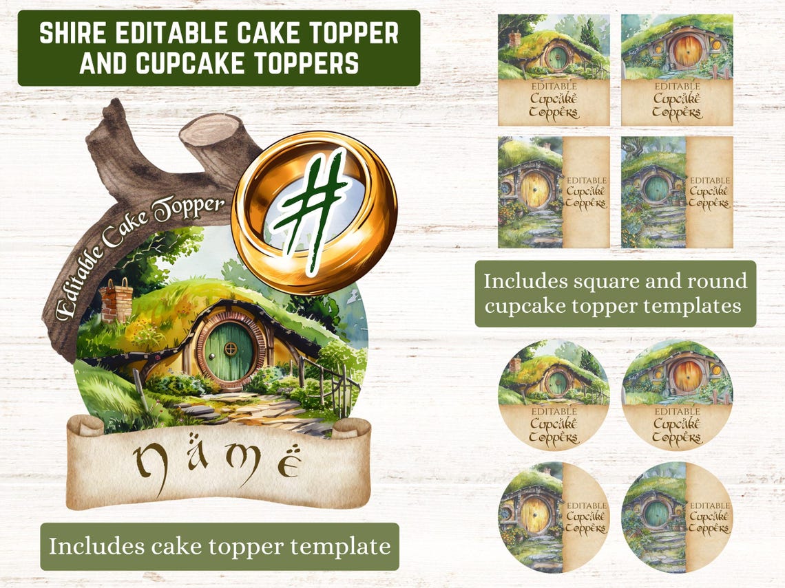 Editable Fantasy Shire Cake and Cupcake Toppers, Magic Ring Birthday ...