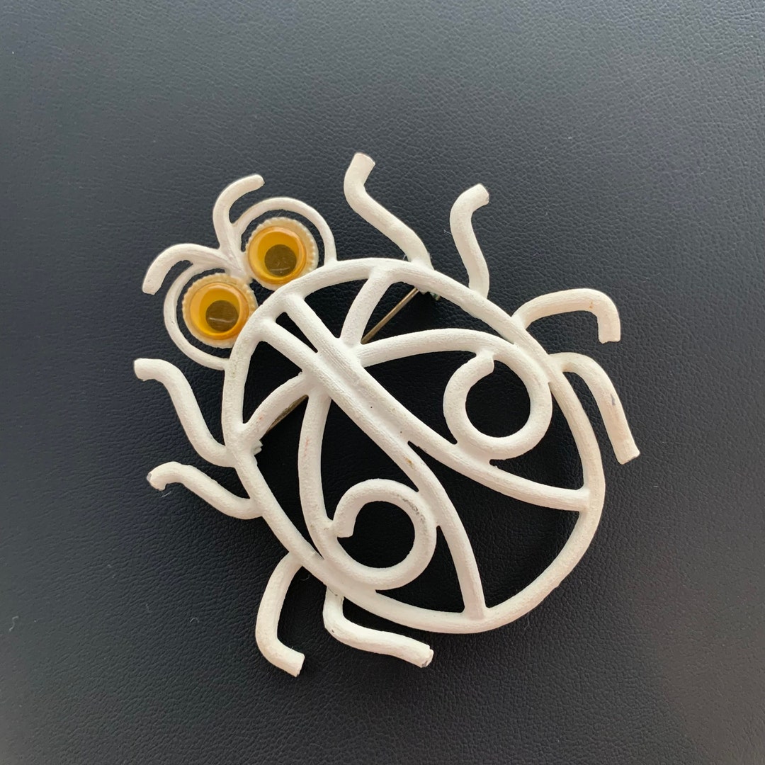 Vintage Brooch Bug Googly Eyes White Matte Enamel Open Work Large - Etsy
