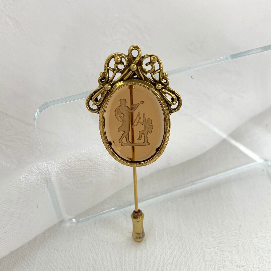 Vintage Intaglio Stick Pin Lapel Hat Amber Glass Cupid Ornate Mount - Etsy